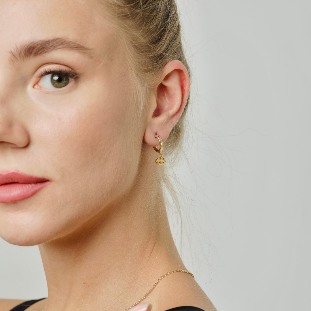 Eva | 14K Gold filled Cz Evil Eye Huggies – Nodory